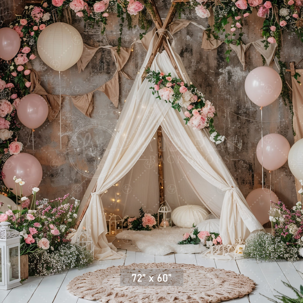 Cozy Floral Teepee Setup Backdrop – Kiarah Backdrops
