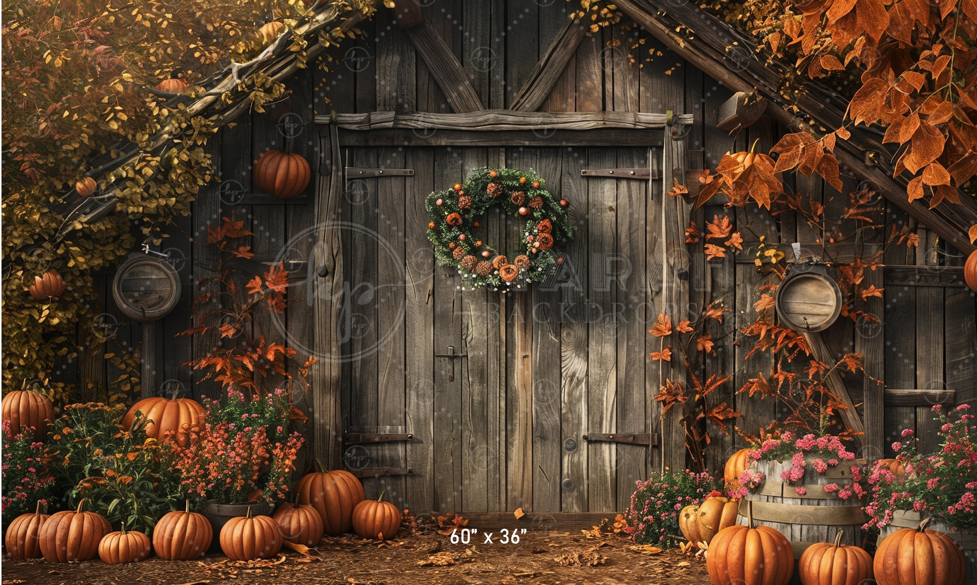 Autumn Barn with Wreath Backdrop – Kiarah Backdrops