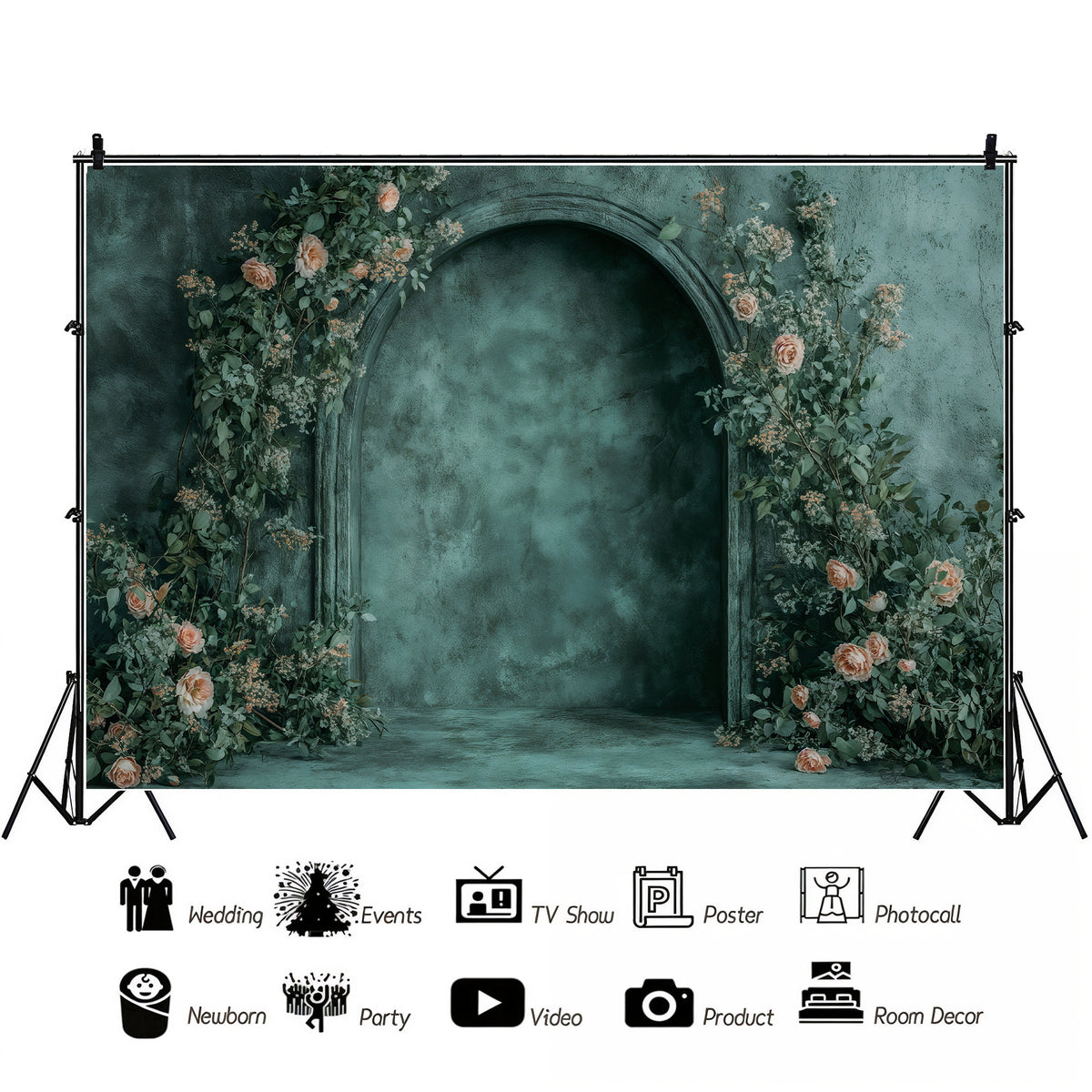 Moody Teal Arch with Roses Backdrop – Kiarah Backdrops